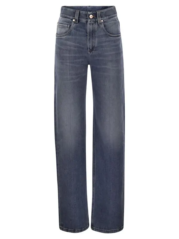 Brunello Cucinelli Contemporary Loose Trousers In Comfort Cotton Denim With Jewellery - Blue