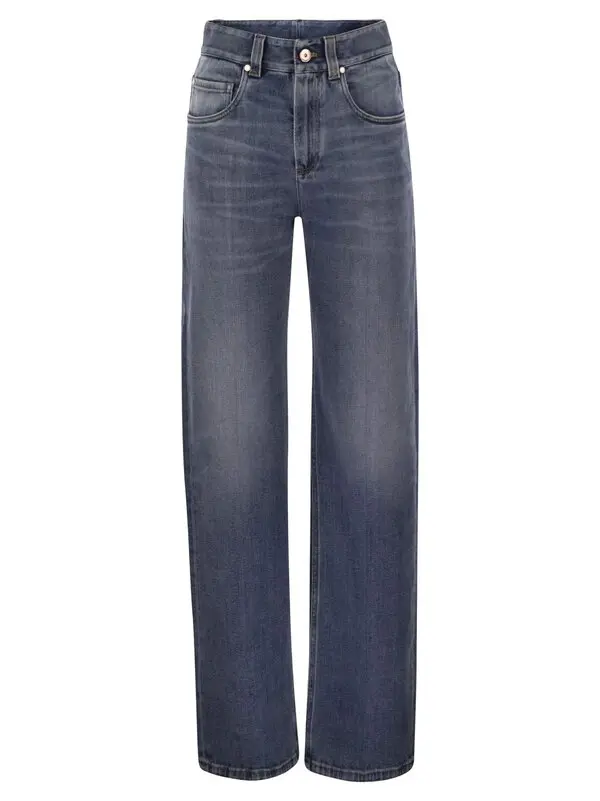 Brunello Cucinelli Contemporary Loose Trousers In Comfort Cotton Denim With Jewellery - Blue