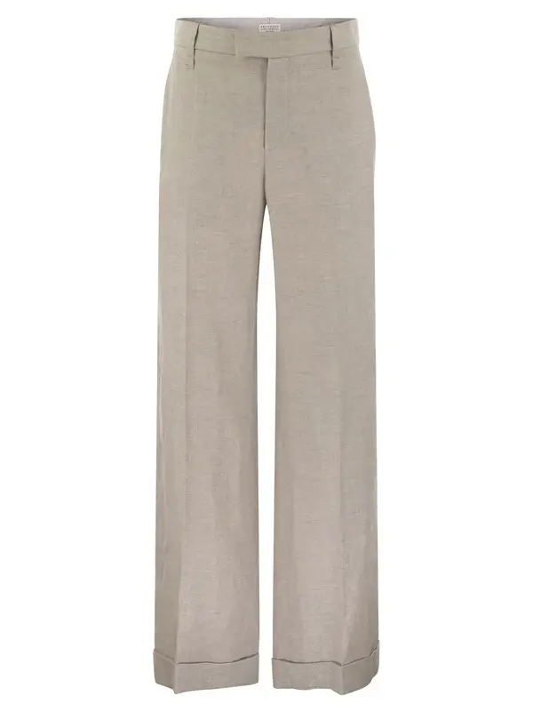 Brunello Cucinelli Flared Loose-fitting Trousers In Sparkling Linen Twill With Necklace - Multicolor