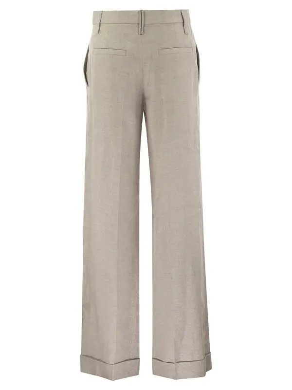 Brunello Cucinelli Flared Loose-fitting Trousers In Sparkling Linen Twill With Necklace - Multicolor