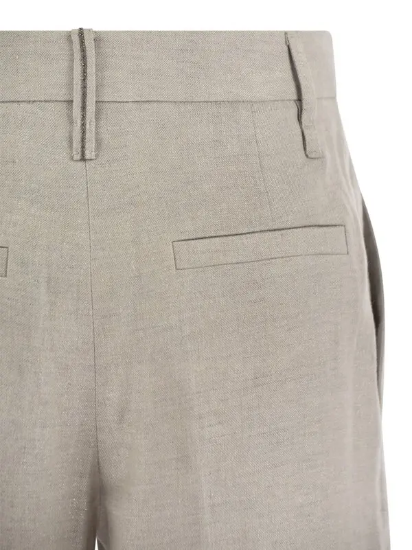 Brunello Cucinelli Flared Loose-fitting Trousers In Sparkling Linen Twill With Necklace - Multicolor
