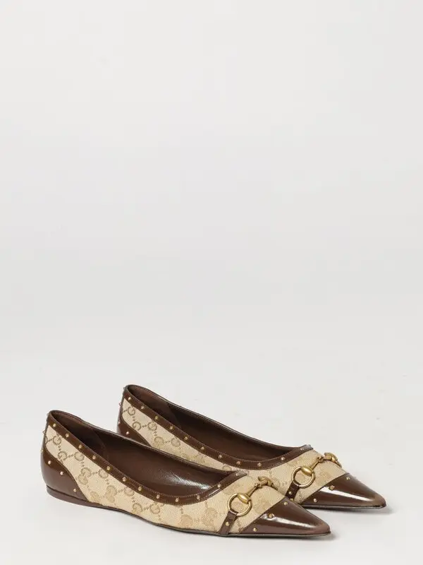 Gucci Gg Monogram Canvas And Leather Ballet Flats With Horsebit - Cream