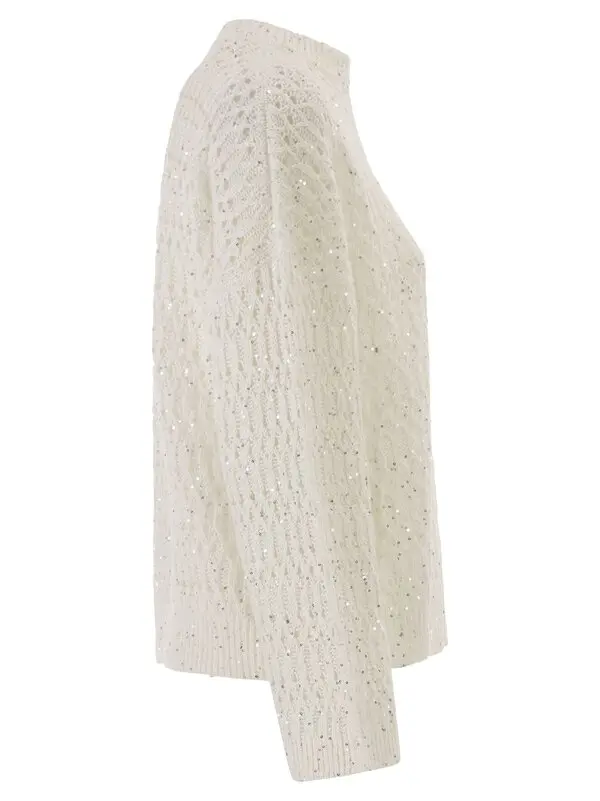 Brunello Cucinelli Linen Openwork Crew Neck Jumper With Sequins