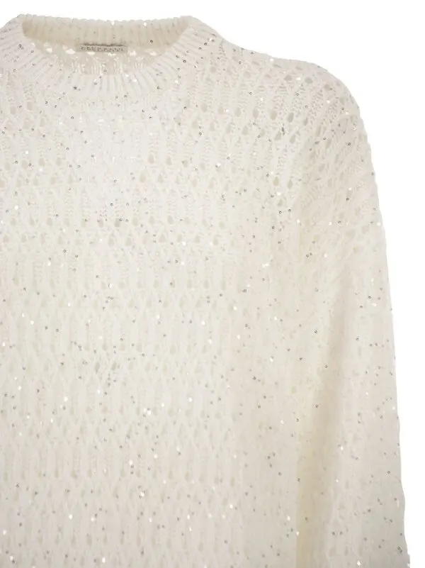 Brunello Cucinelli Linen Openwork Crew Neck Jumper With Sequins