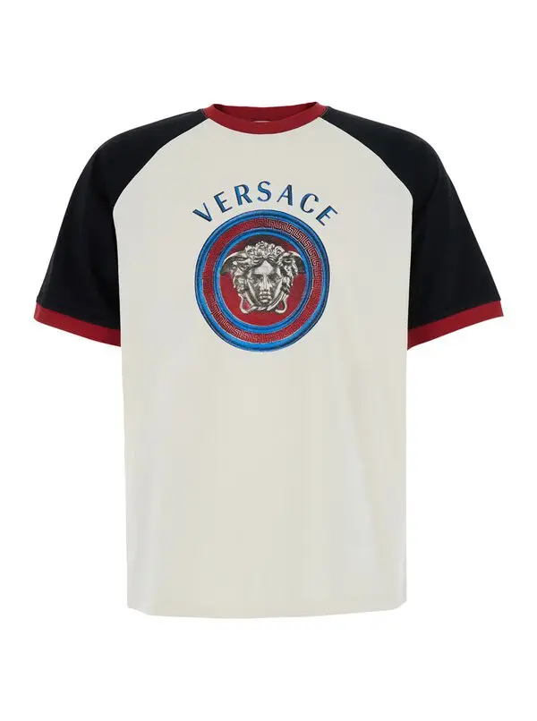 Versace Crew Neck T-shirt With Logo Lettering And Medusa Embroidery On The Front In Cotton For - Multicolor