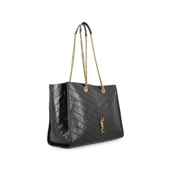 Saint Laurent Calfskin Chevron Quilted Tote - Black