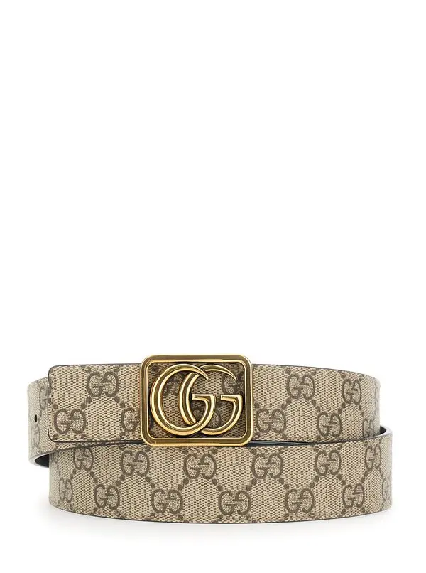 Gucci Gg Marmont' Beige Reversible Belt With Gg Buckle On The Front In Gg Supreme Fabric And Leather - Multicolor