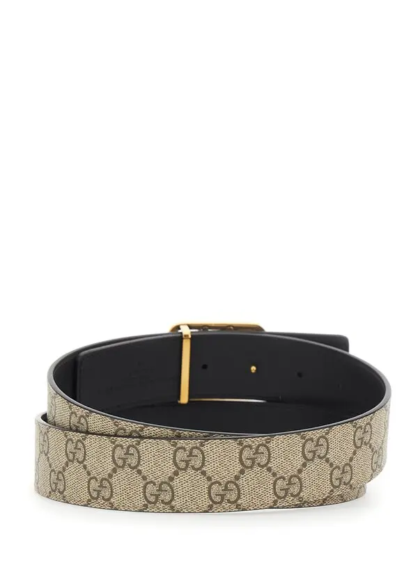 Gucci Gg Marmont' Beige Reversible Belt With Gg Buckle On The Front In Gg Supreme Fabric And Leather - Multicolor