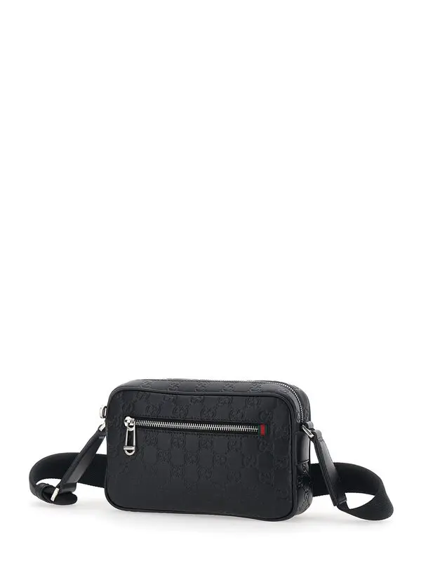 Gucci Black Emblem Shoulder Bag With Adjustable Strap And All-over Gg Pattern In Leather For