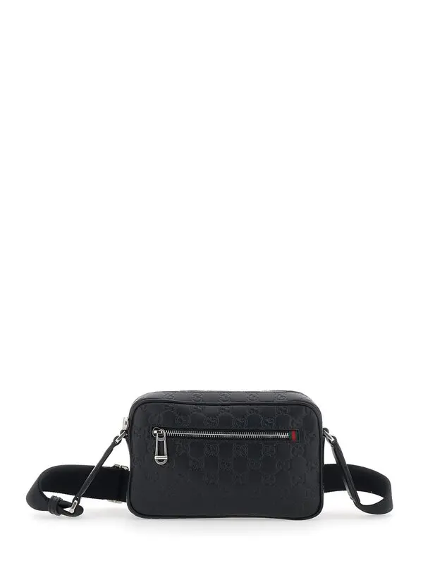 Gucci Black Emblem Shoulder Bag With Adjustable Strap And All-over Gg Pattern In Leather For - Multicolor