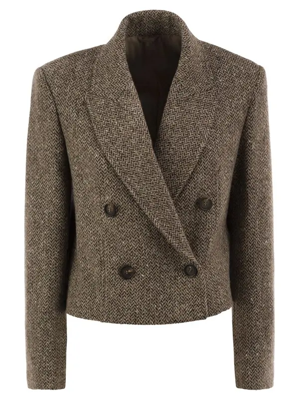 Brunello Cucinelli Double-breasted Herringbone Blazer With Subtle Shimmer