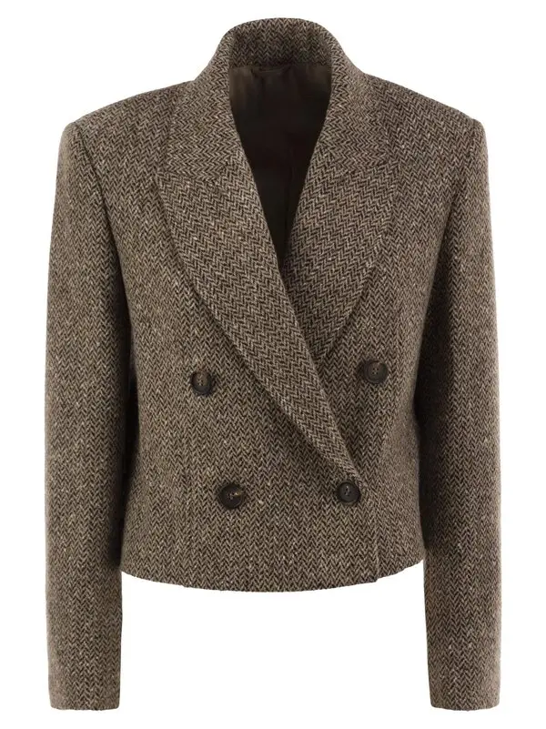 Brunello Cucinelli Double-breasted Herringbone Blazer With Subtle Shimmer - Brown