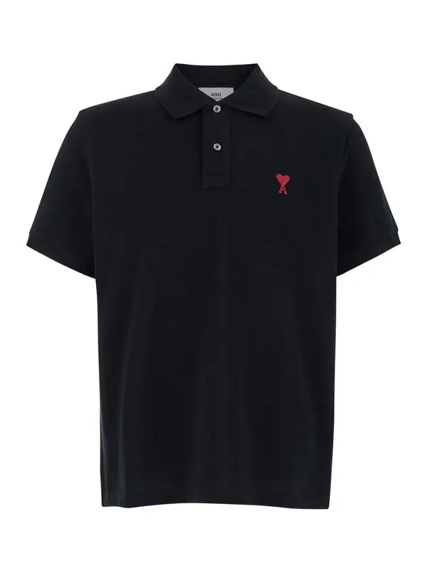 AMI Paris Polo Shirt With Embroidered Adc Logo On The Front In Cotton For - Black