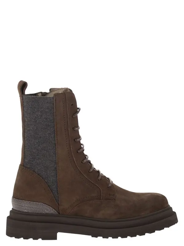 Brunello Cucinelli Suede Combat Boots With Cashmere Panels And Monili Trim - Brown