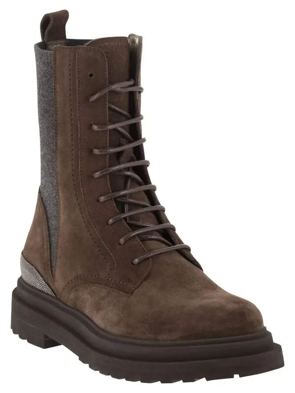 Brunello Cucinelli Suede Combat Boots With Cashmere Panels - Brown