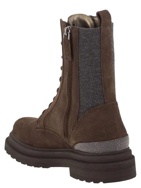 Brunello Cucinelli Suede Combat Boots With Cashmere Panels - Brown