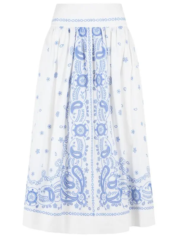 SELF-PORTRAIT Embroidered Midi Skirt In And Blue Cotton - White