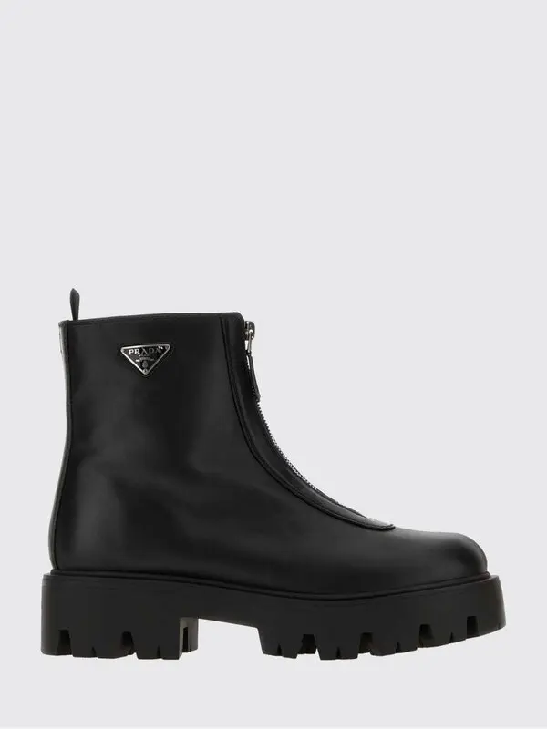 Prada Leather Lug Sole Ankle Boots - Black