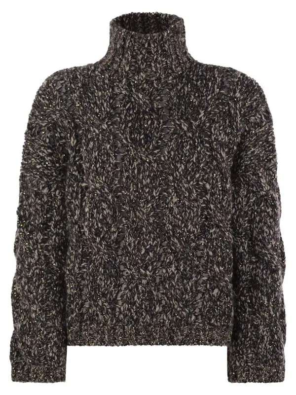 Brunello Cucinelli Soft Wool, Cashmere And Mohair Turtleneck Sweater With Braided Design - Brown
