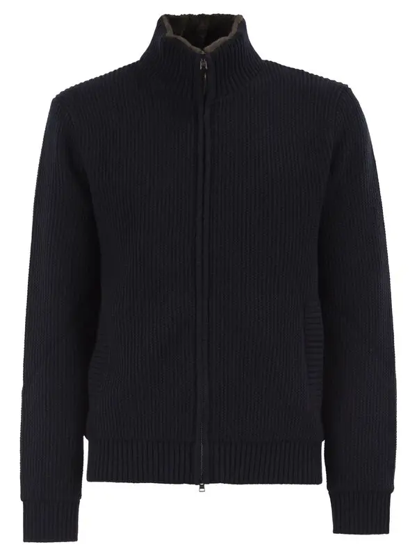 Herno Pure Wool Knit Jacket With High Collar And Faux Fur Lining