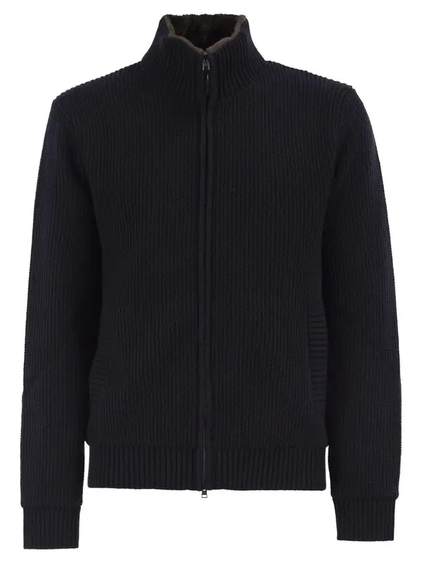 Herno Pure Wool Knit Jacket With High Collar And Faux Fur Lining - Blue