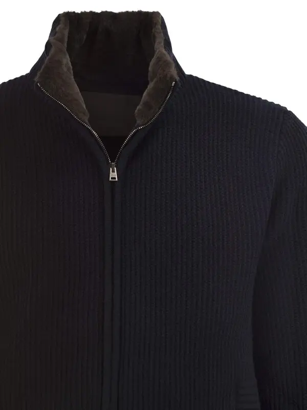 Herno Pure Wool Knit Jacket With Faux Fur Lining - Blue