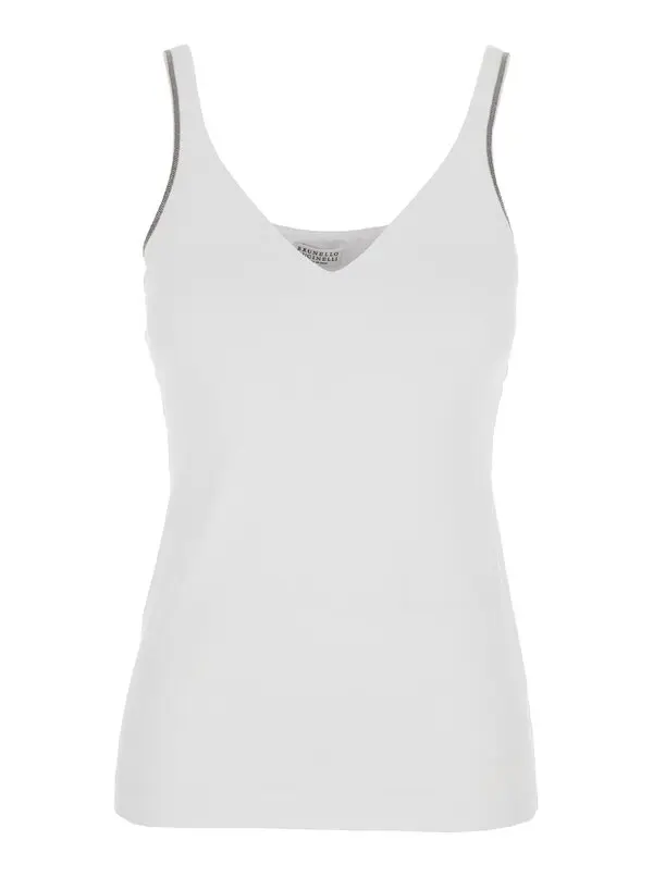 Brunello Cucinelli Top With V-neck And Monile Details On The Edges In Cotton For - White