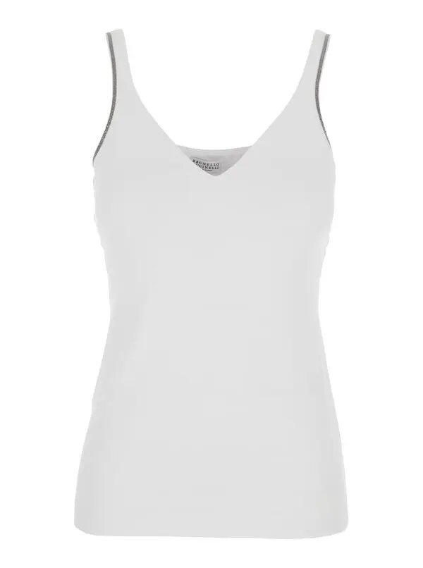 Brunello Cucinelli Monile-trimmed V-neck Tank Top - White