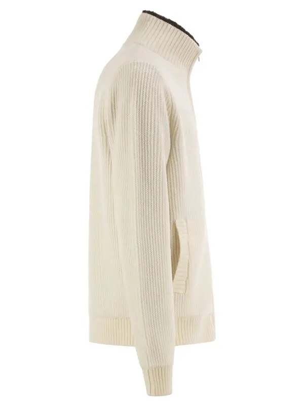 Herno Pure Wool Knit Jacket With High Collar And Faux Fur Lining
