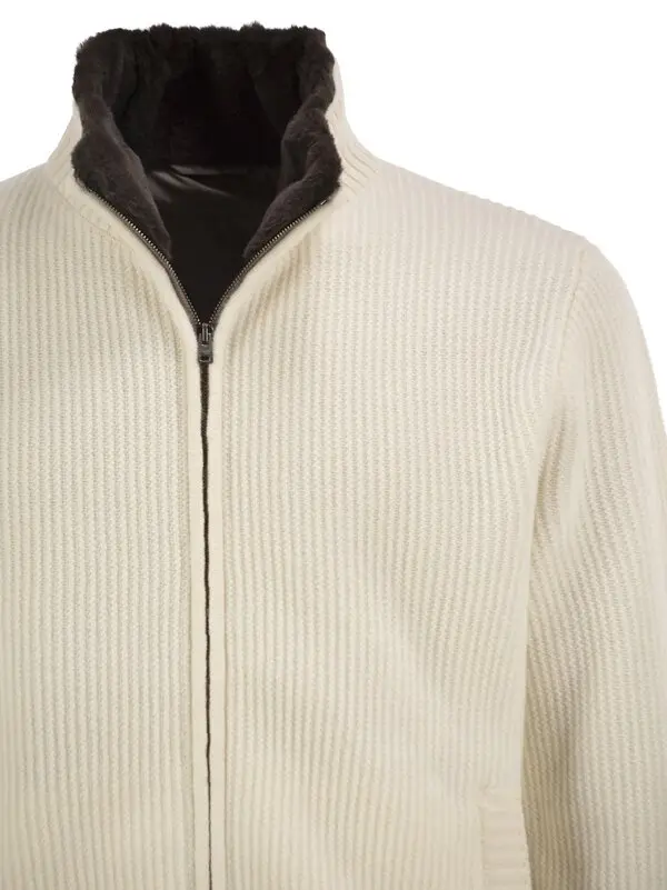 Herno Pure Wool Knit Jacket With High Collar And Faux Fur Lining