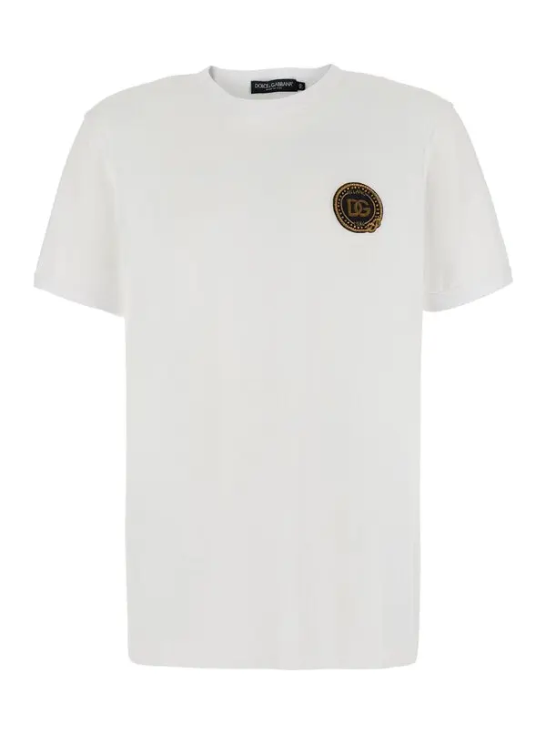 Dolce & Gabbana Crew Neck T-shirt With Logo Embroidery On The Front In Cotton For - White