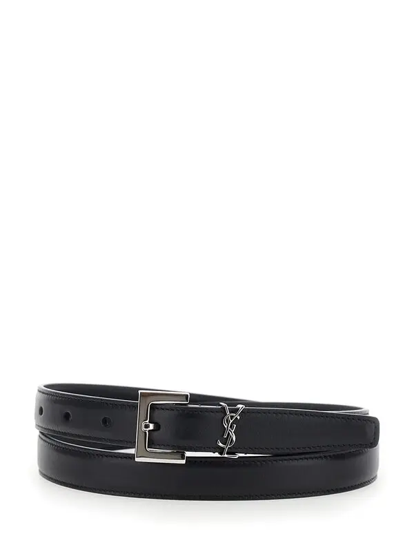 Saint Laurent Belt With Cassandre Plate On The Front And Square Buckle In Leather For - Black