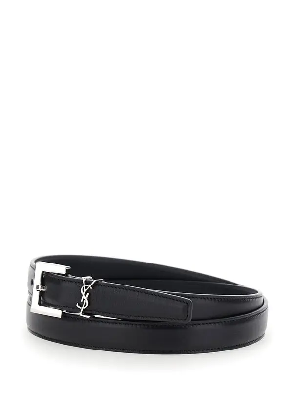 Saint Laurent Leather Belt With Cassandre Plate - Black