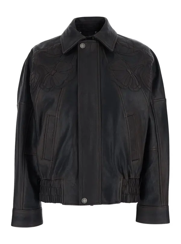 GOLDEN GOOSE Journey' Brown Jacket With Classic Collar And All-over Floral Embroidery In Leather For - Multicolor