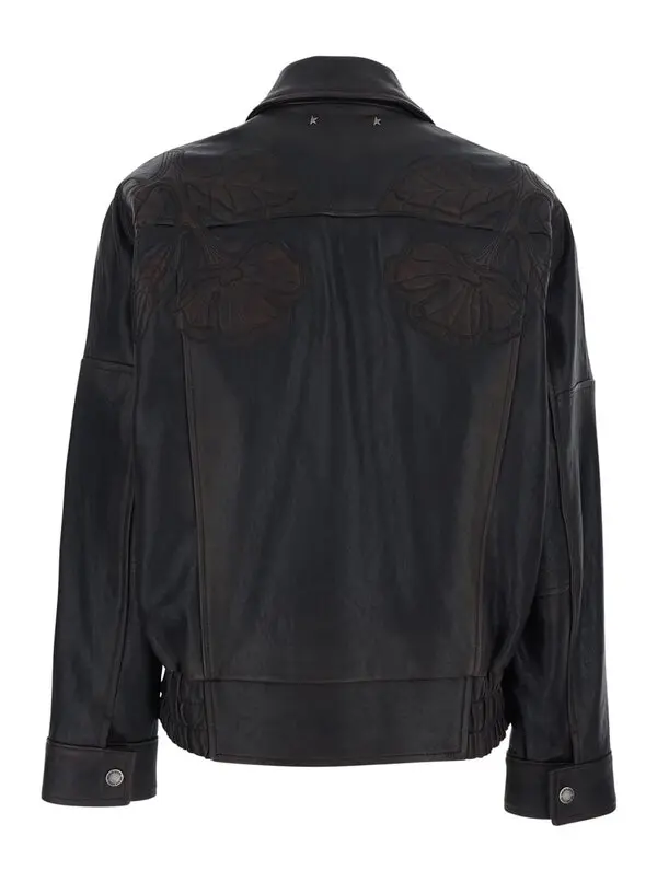 GOLDEN GOOSE Journey' Brown Jacket With Classic Collar And All-over Floral Embroidery In Leather For - Multicolor