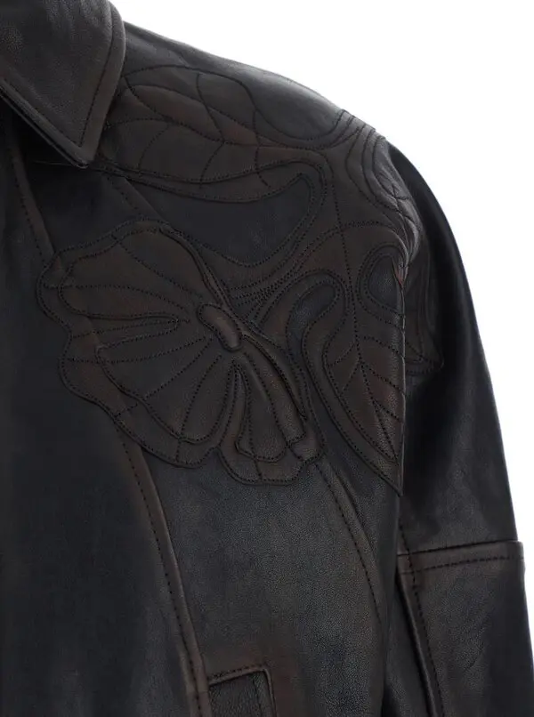 GOLDEN GOOSE Journey' Brown Jacket With Classic Collar And All-over Floral Embroidery In Leather For - Multicolor