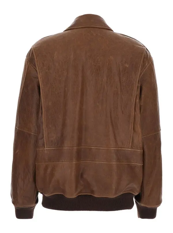 Saint Laurent Brown Leather Bomber Jacket With Classic Collar For