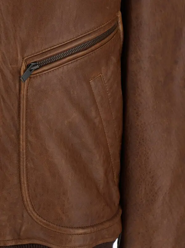 Saint Laurent Brown Leather Bomber Jacket With Classic Collar For
