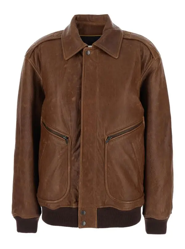 Saint Laurent Brown Leather Bomber Jacket With Classic Collar For - Multicolor