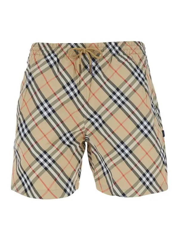 Burberry Beige Swim Shorts With Check Motif In Tech Fabric