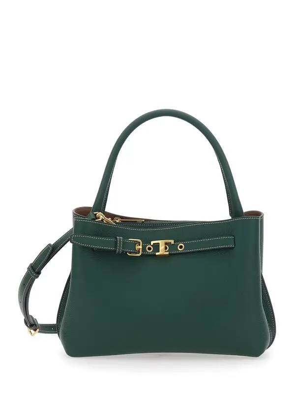 TOD'S Small 't-string' Handbag With Adjustable And Removable Shoulder Strap And Strap With Buckle On The Front In Hammered Leather For - Green