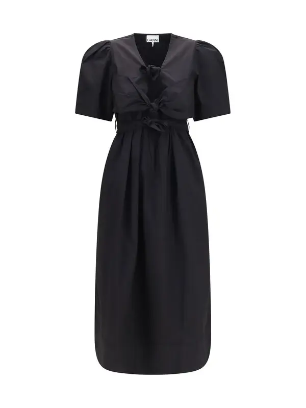 GANNI Midi Dress With Bows And Puff Shoulders - Black