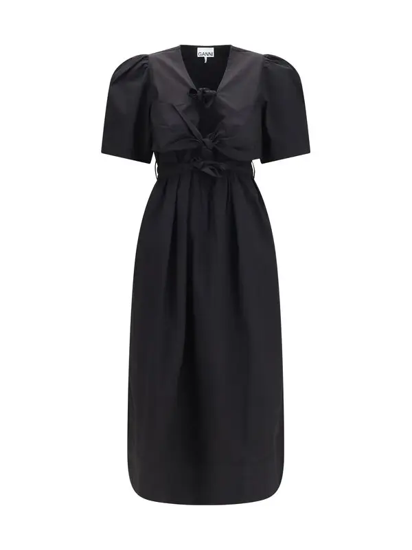 GANNI Bow-embellished Stretch Cotton Midi Dress - Black