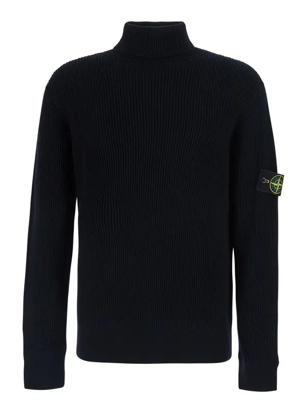 Stone Island Blue Sweater With High Collar And Logo Patch On The Sleeve - Multicolor