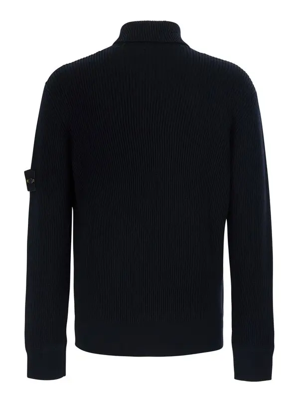Stone Island Blue Sweater With High Collar And Logo Patch On The Sleeve - Multicolor