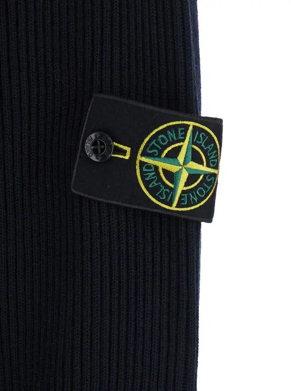 Stone Island Blue Sweater With High Collar And Logo Patch On The Sleeve - Multicolor