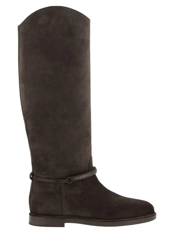 Brunello Cucinelli Suede Leather Knee-high Boots With Monili Detail - Brown