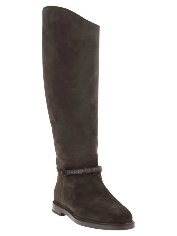 Brunello Cucinelli Suede Leather Knee-high Boots With Monili Detail - Brown