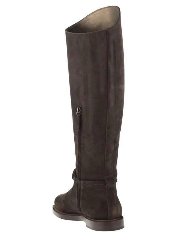 Brunello Cucinelli Suede Leather Knee-high Boots With Monili Detail - Brown