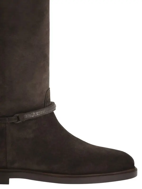 Brunello Cucinelli Suede Leather Knee-high Boots With Monili Detail - Brown